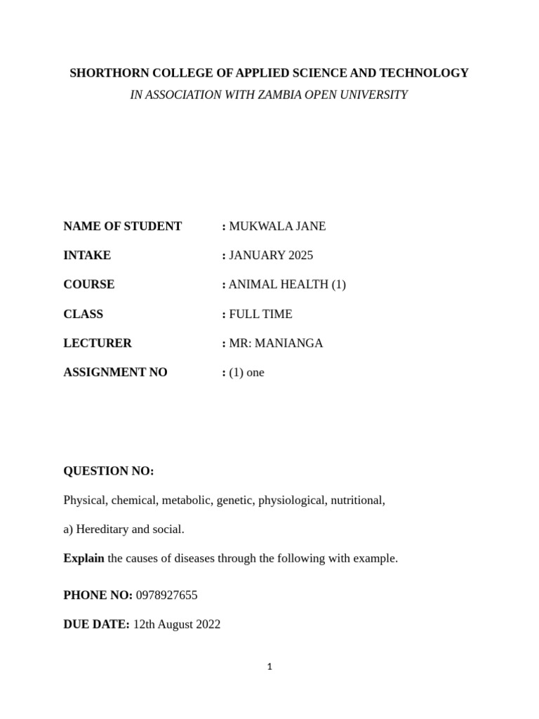 Shorthorn College of Applied Science and Technology Jane Mukwala ...