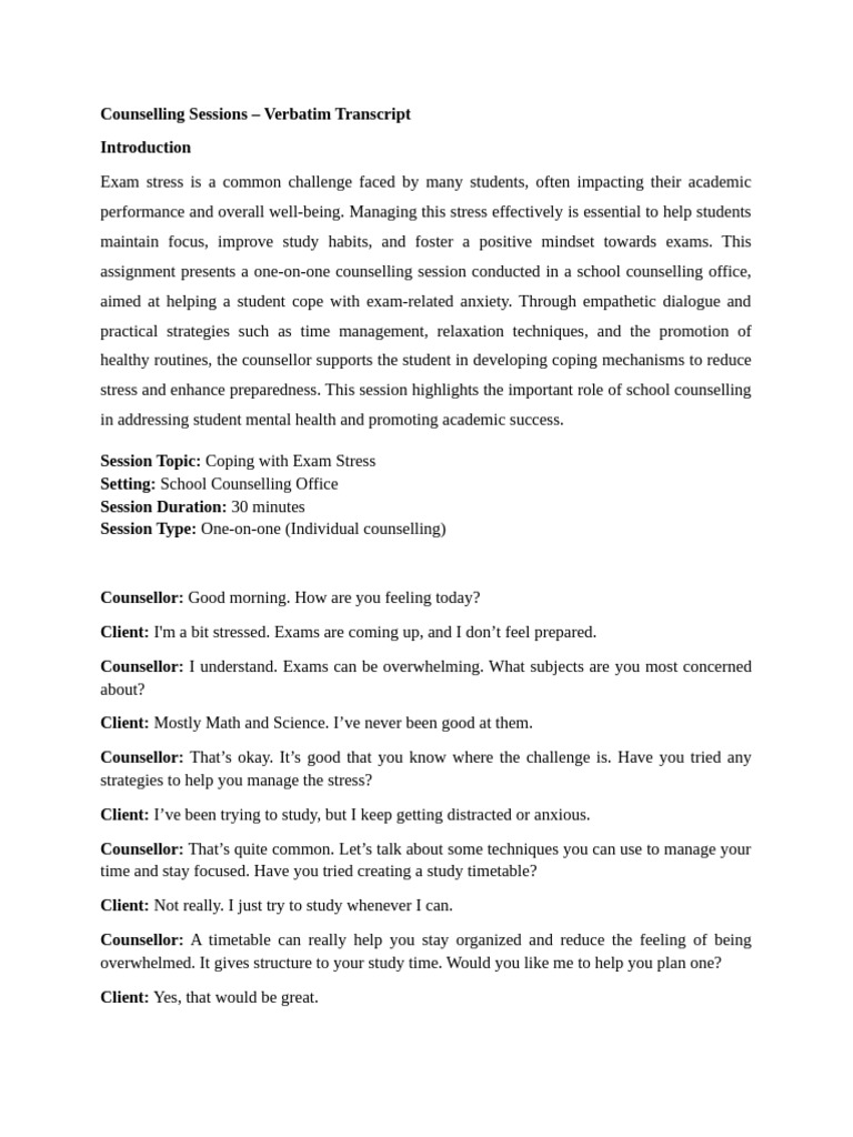 Verbatim Counselling Session | PDF | Self Esteem | Mental Health