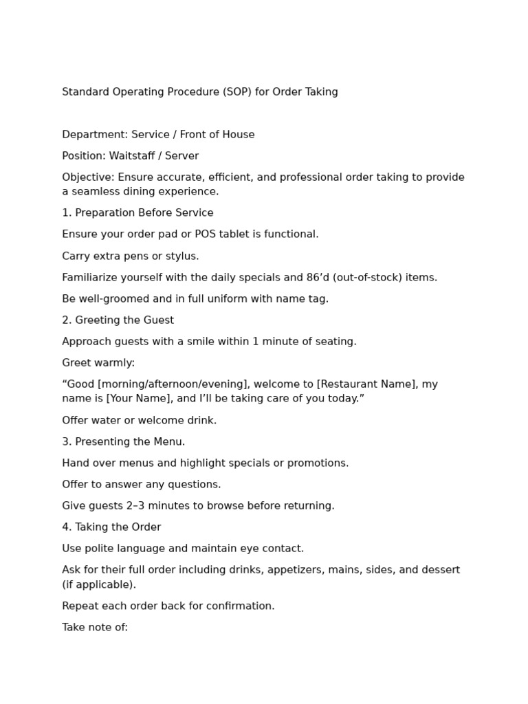 Order Taking SOP for Restaurant Staff | PDF