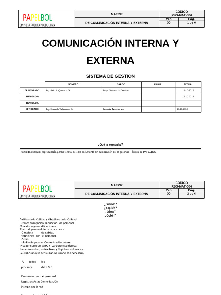 RSG-MAT-004 Matriz DE COMUNICACION INTERNA Y EXTERNA | PDF | Sistema de ...