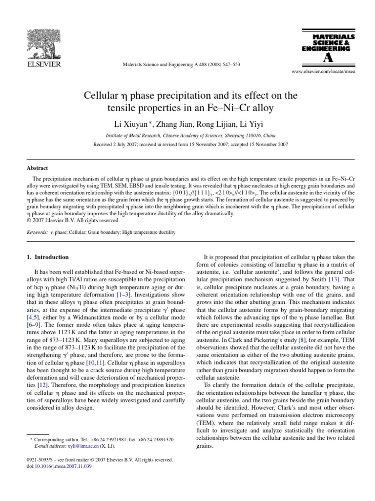 Cellular Phase Precipitation in Fe–Ni–Cr Alloy | PDF | Fracture ...