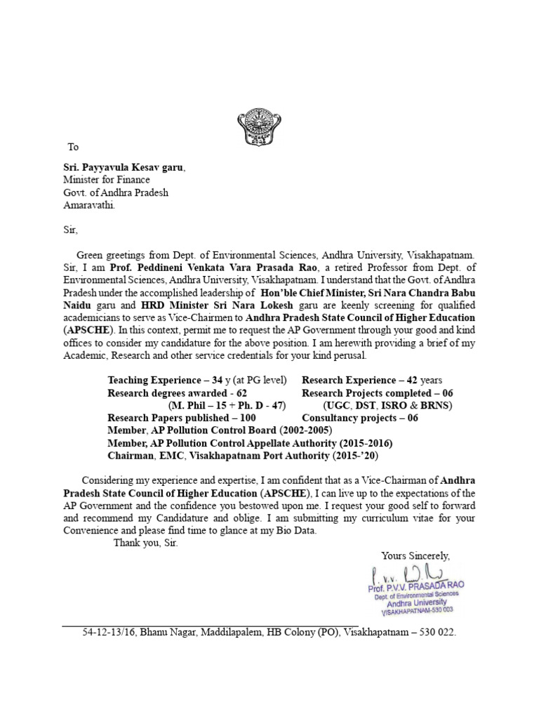 Application for APSCHE Vice-Chairman Position | PDF
