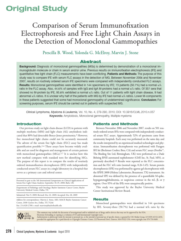 Comparison of Serum Immunofixation Electrophoresis and Free Light Chain ...