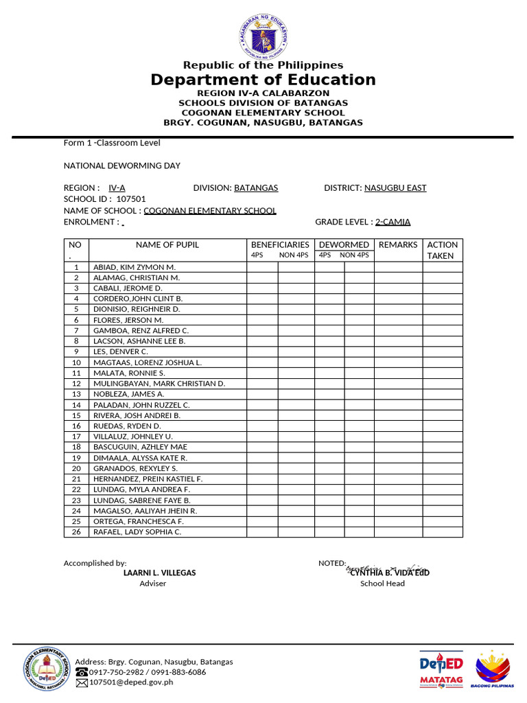 Deworming Form by Class | PDF