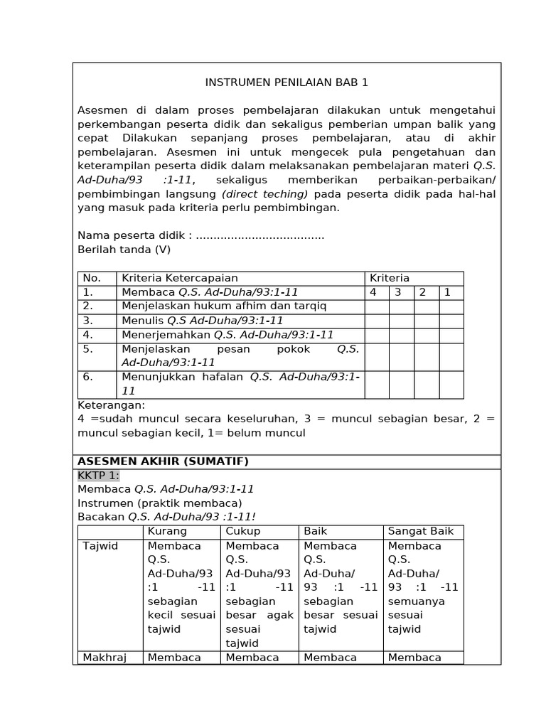 Instrumen Penilaian Pai Bab 1 | PDF