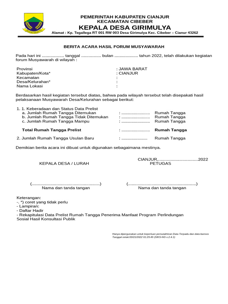 Format Berita Acara (Usulan Data Dtks 2022) | PDF