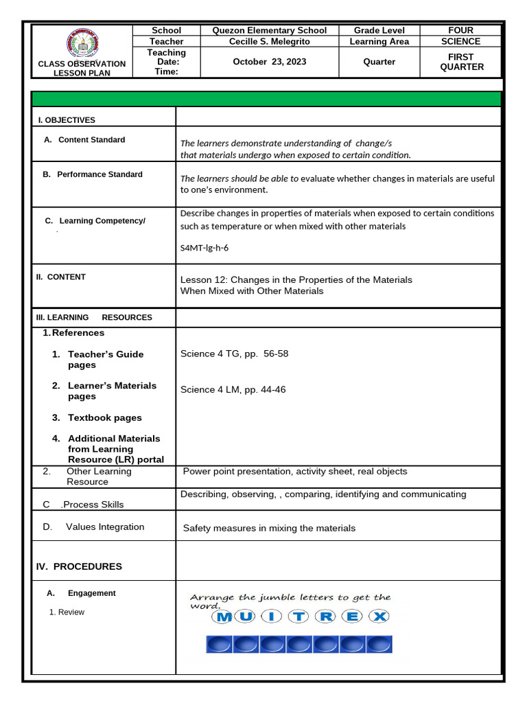 CO 1 CSM 1st Quarter Science 4 | PDF | Learning | Teachers
