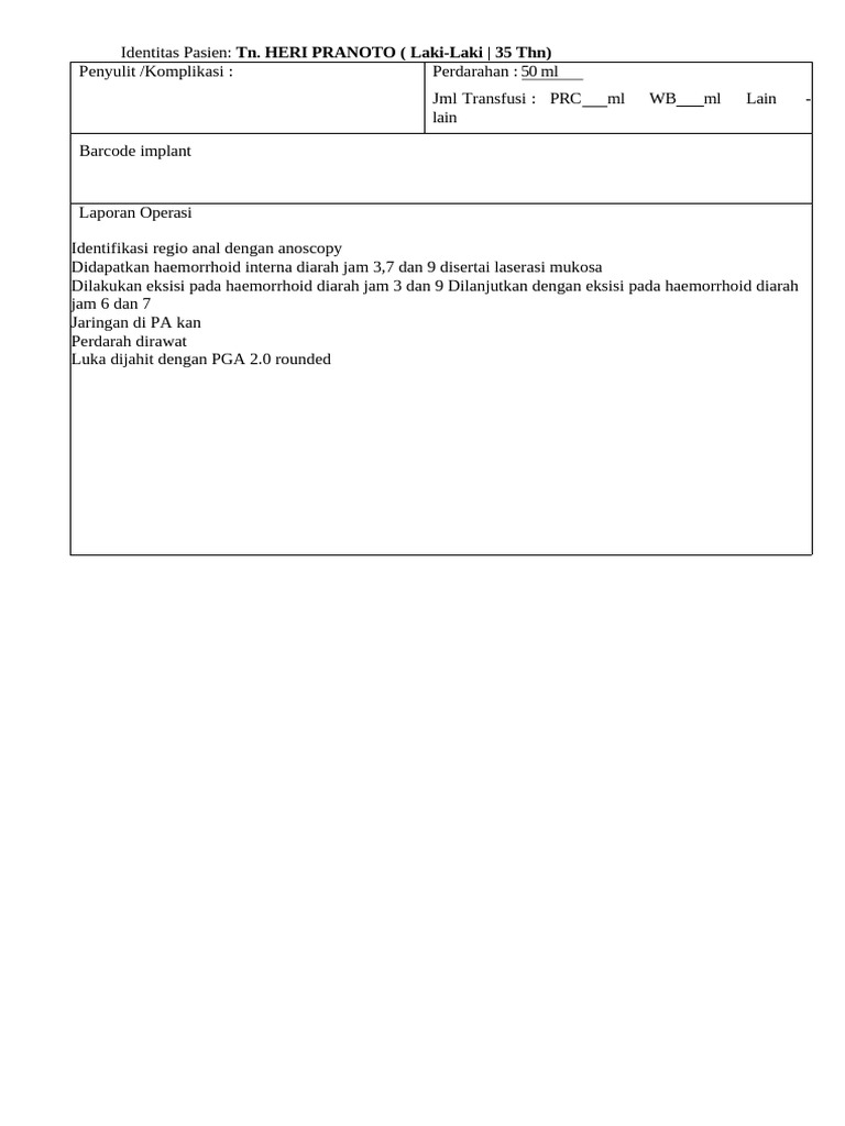 Operasi Hemoroid Tn. Heri Pranoto | PDF