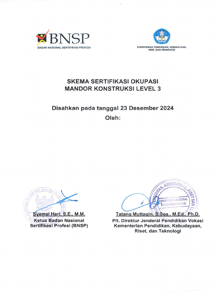 Skema Sertifikasi Okupasi Mandor Konstruksi Level 3 | PDF