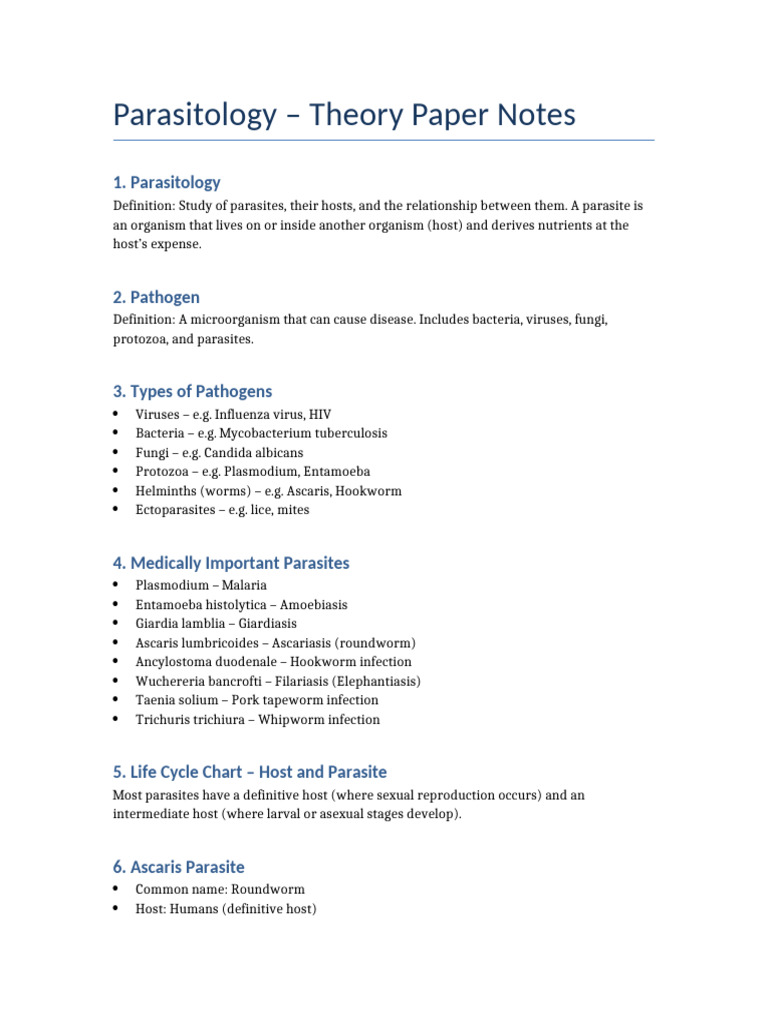 Parasitology Study Notes and Pathogens | PDF | Parasitism | Human ...