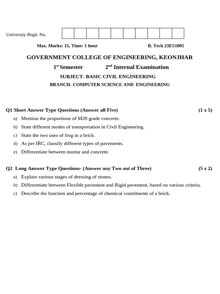 1st Sem 2nd Internal BCE Qns CSE | PDF