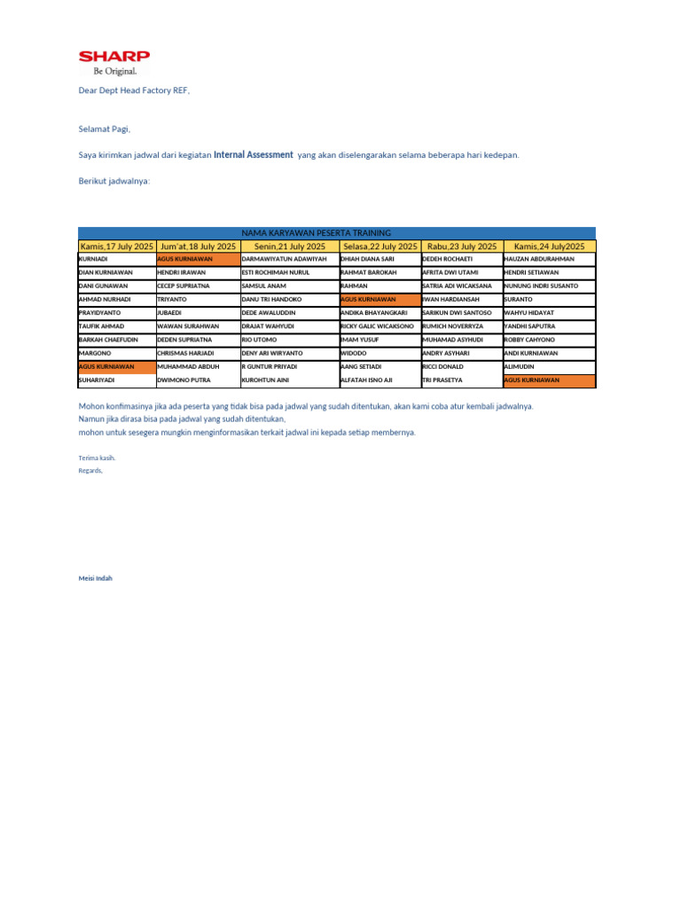 Jadwal Training Internal Assessment 2025 | PDF