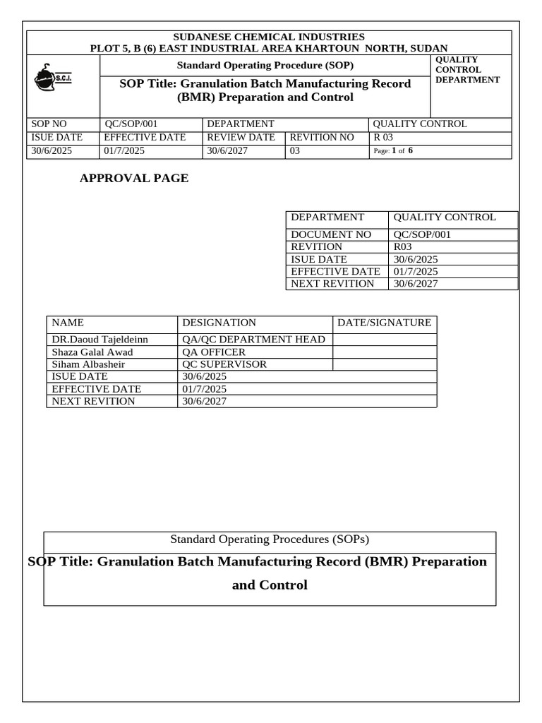 Granulation BMR SOP Revision R03 | PDF | Quality