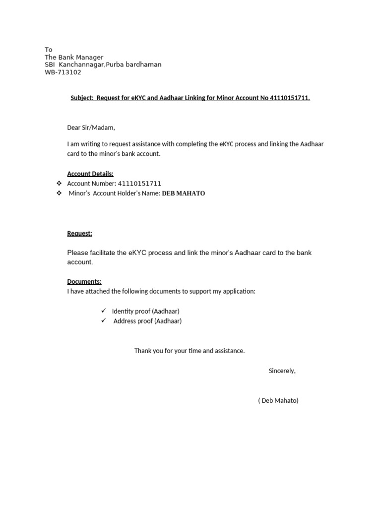 Aadhaar Card To The Minor's Bank | PDF