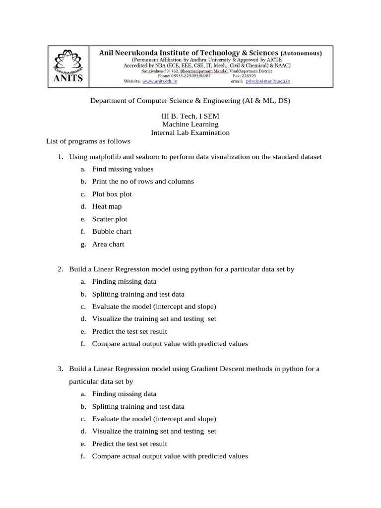 ML Intranl Lab Question Paper | PDF | Regression Analysis | Cluster ...