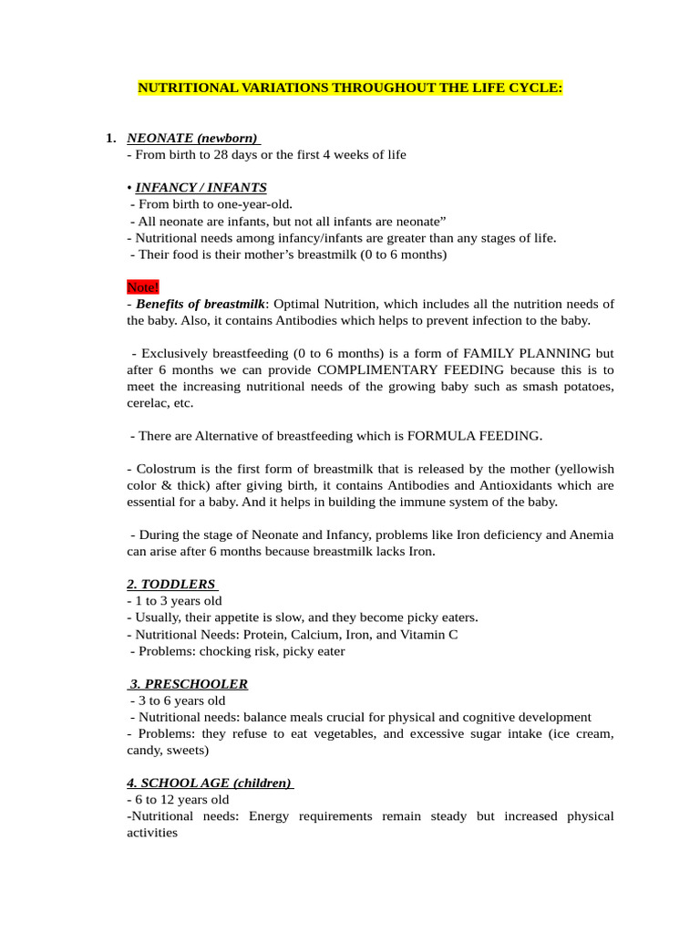 Nutritional Needs Across Life Stages | PDF | Breast Milk | Eating