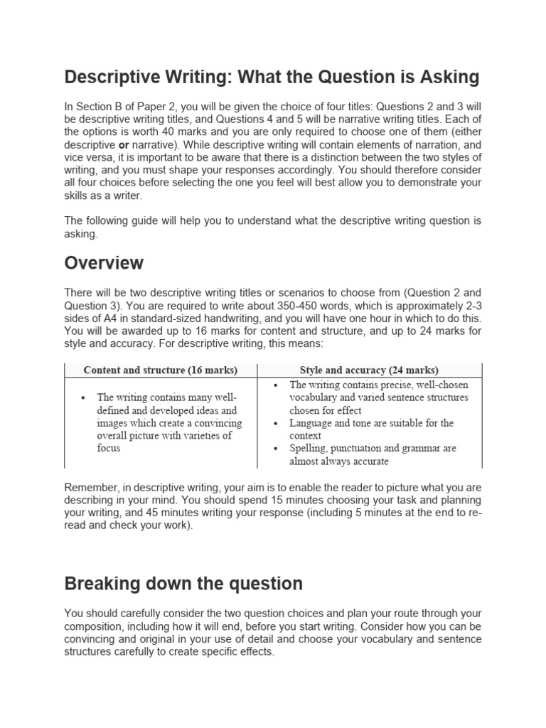 Mastering Descriptive Writing Techniques | PDF | Question | Grammatical ...