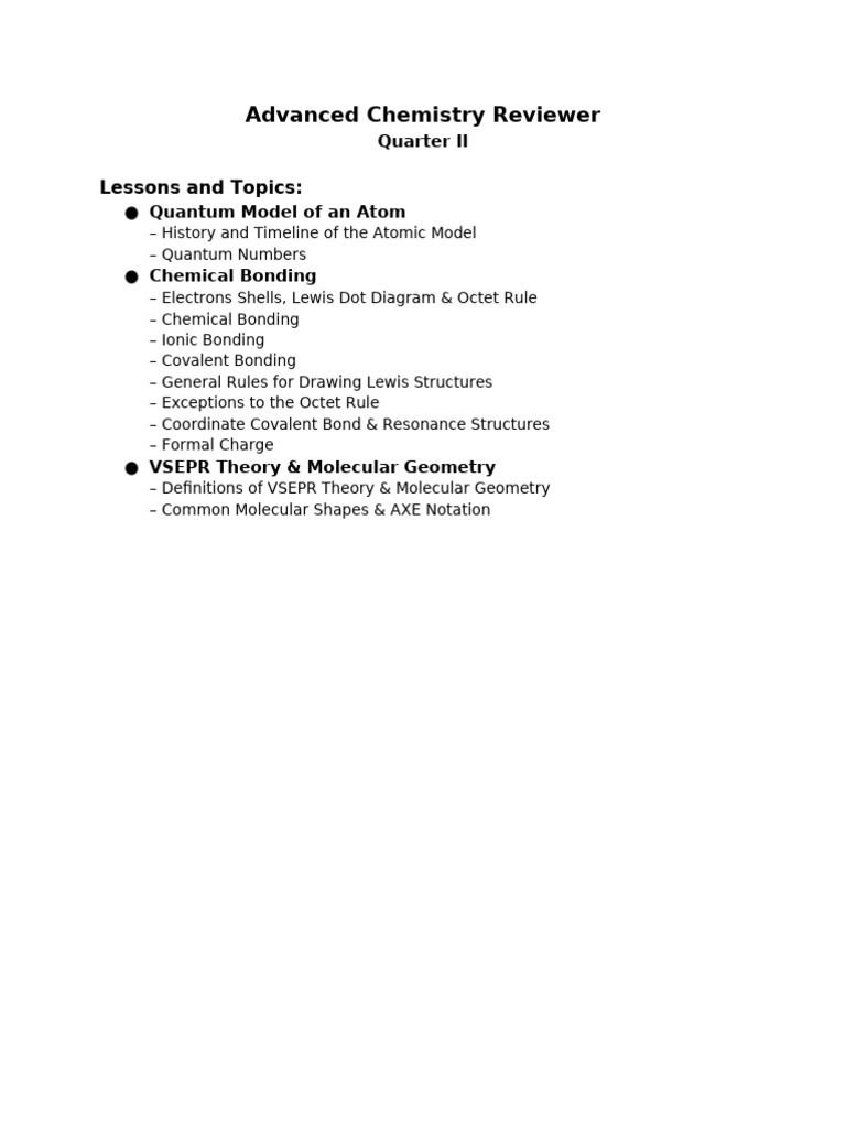 Advanced Chemistry Reviewer II | PDF | Ion | Chemical Bond