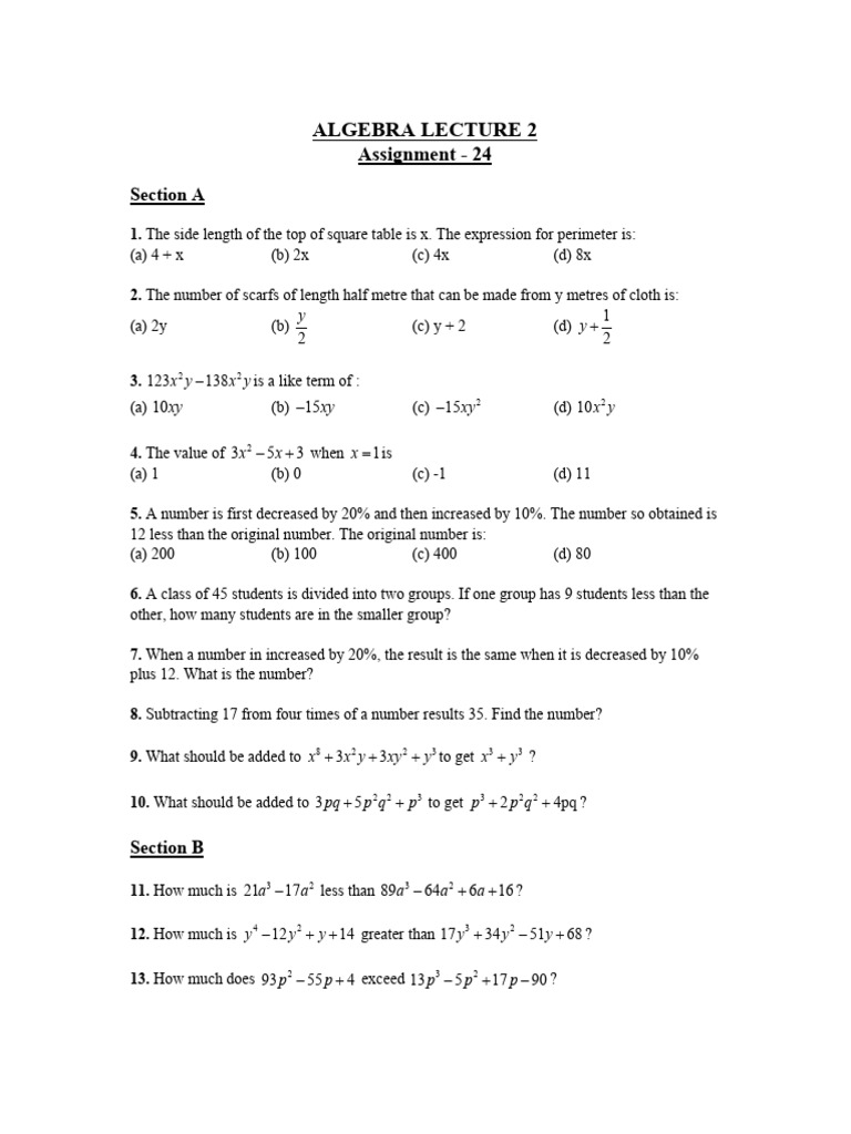 G5-6 Algebra Lecture 2 Assignment S24 L4 | PDF | Chess | Mathematics