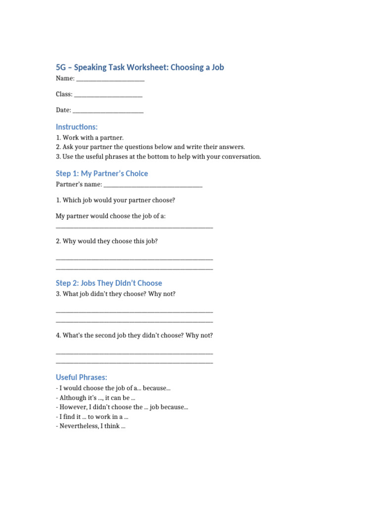 Speaking Task Worksheet Choosing A Job | PDF