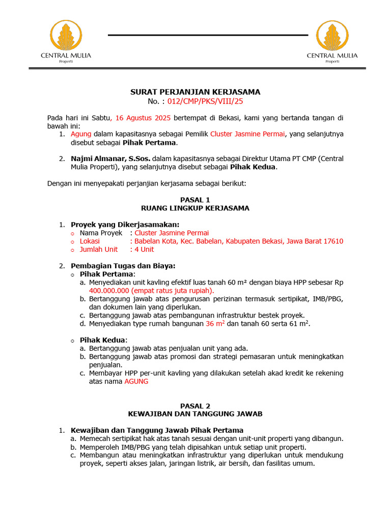 Surat Perjanjian Kerjasama CMP-CJP | PDF
