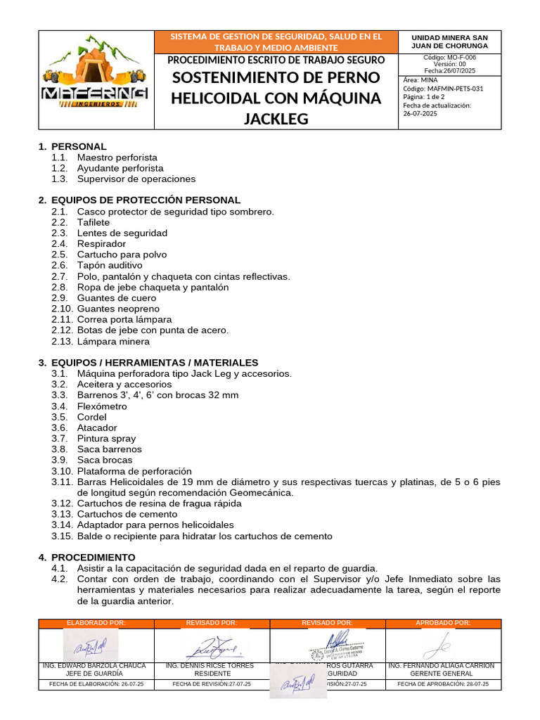 Procedimiento Seguro: Sostenimiento Perno Helicoidal | PDF ...