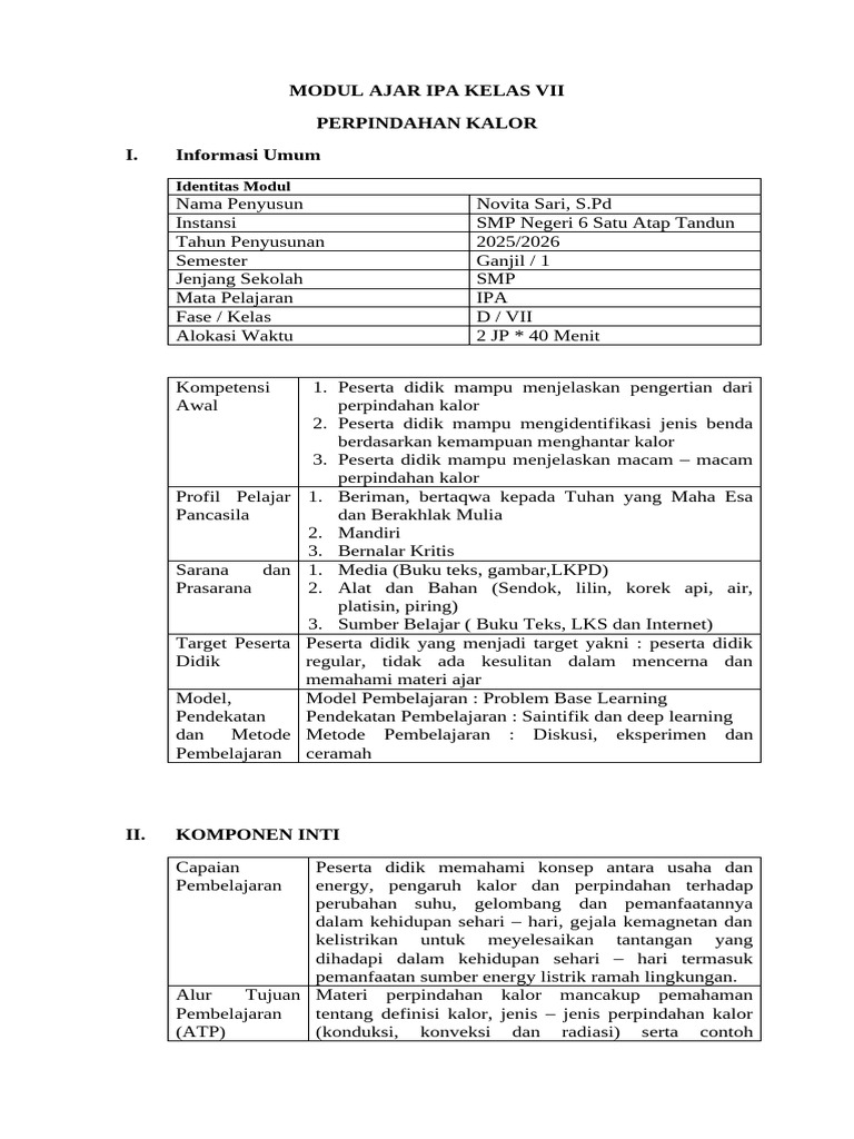 Modul Ajar Perpindahan Kalor IPA VII | PDF