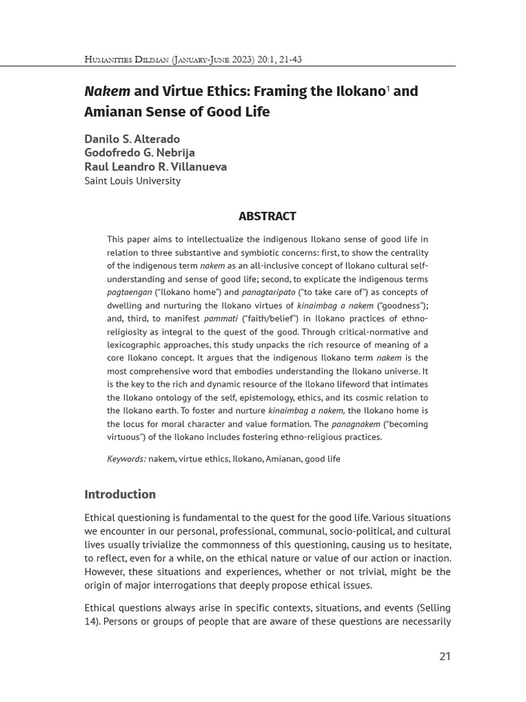 Nakem and Virtue Ethics Framing The Ilokano and Amianan Sense of Good ...