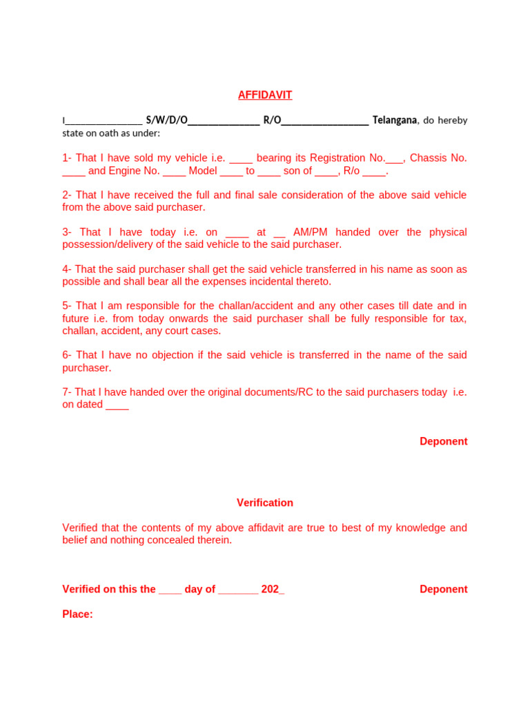 Rta Vehicle Sale Affidavit | PDF | Affidavit