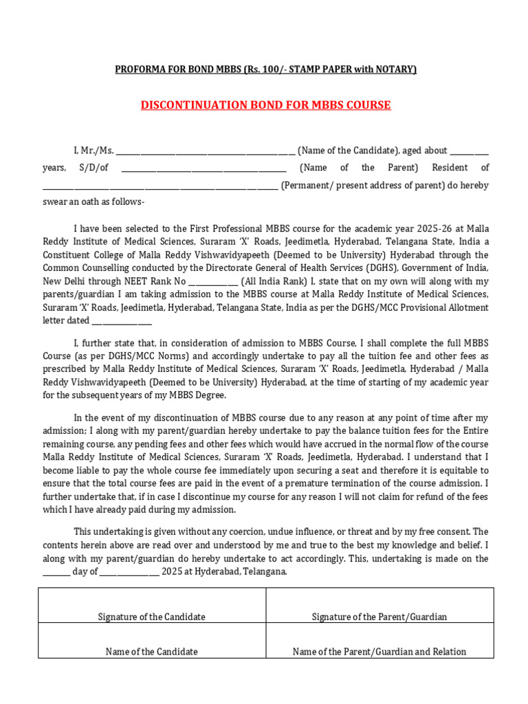 MBBS Discontinuation Bond Format | PDF | Justice | Crime & Violence