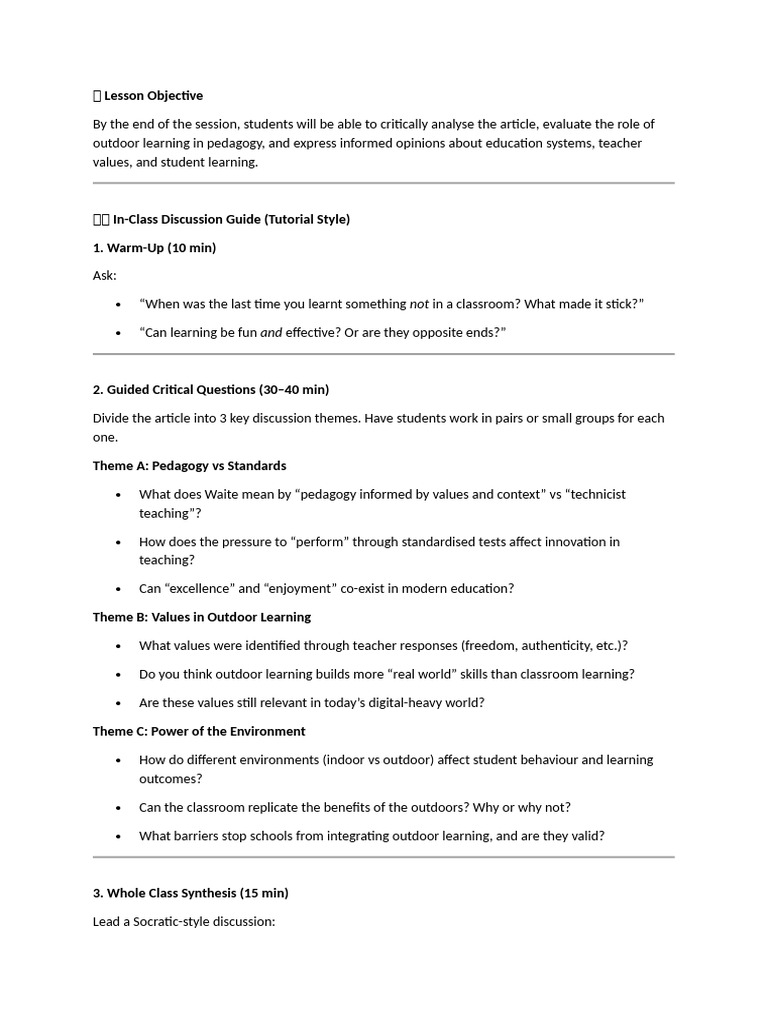 Outdoor Learning in Education Discussion Guide | PDF | Learning | Teachers