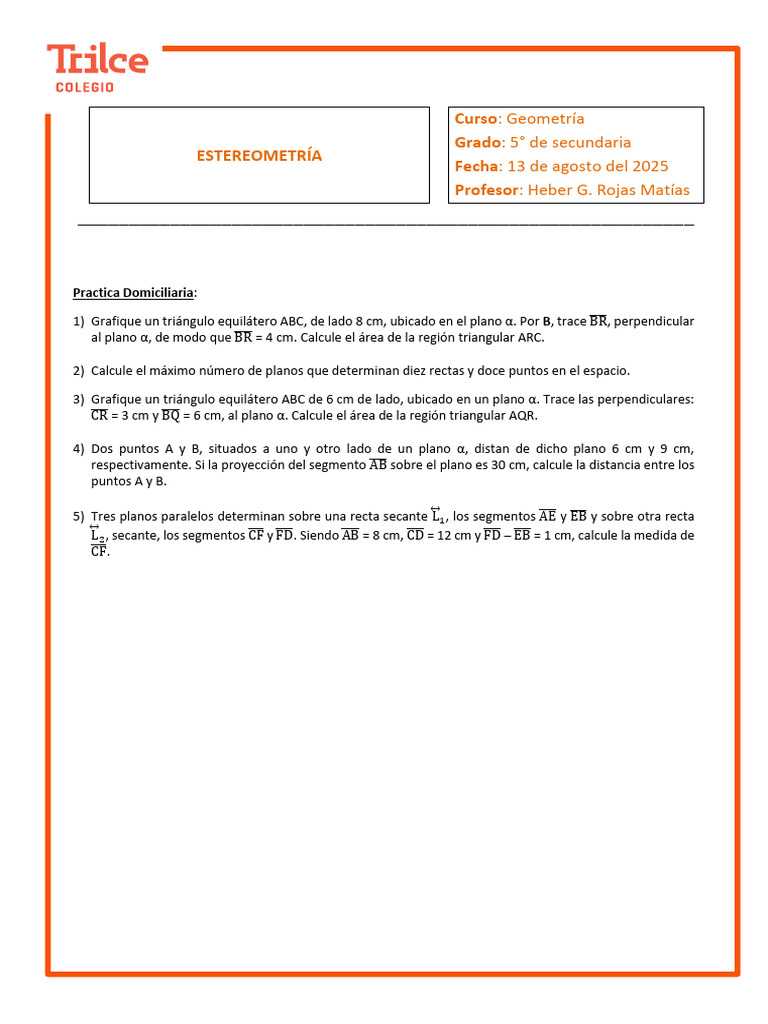 Tarea - GEOMETRÍA 5° - Estereometría | PDF