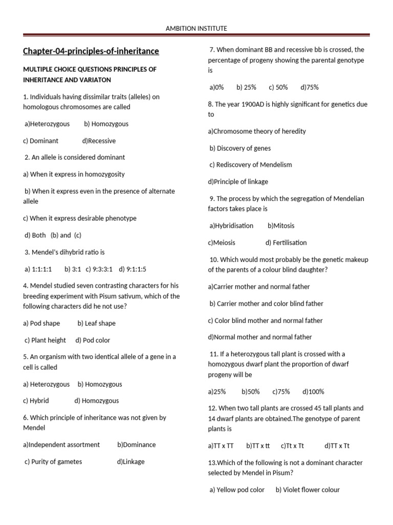 MULTIPLE CHOICE QUESTIONS PRINCIPLES OF INHERITANCE AND VARIATON | PDF ...