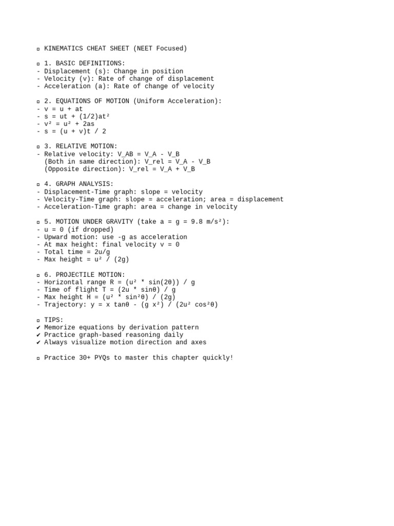 Kinematics Cheat Sheet NEET | PDF