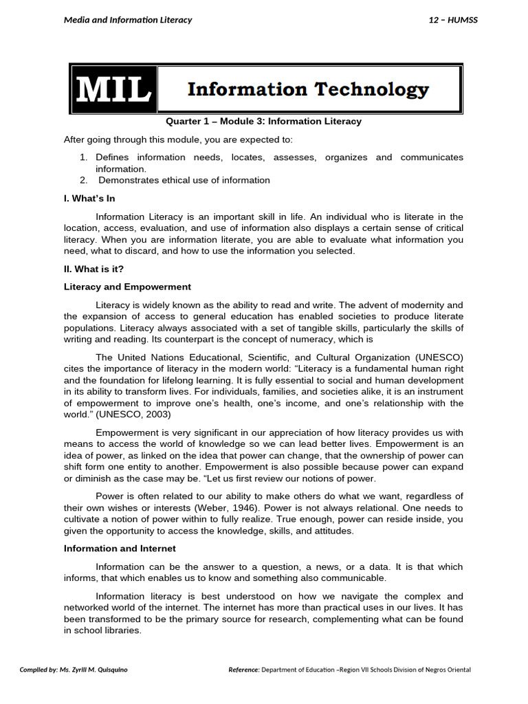 MIL-Module 3 - Information Literacy | PDF | Literacy | Internet
