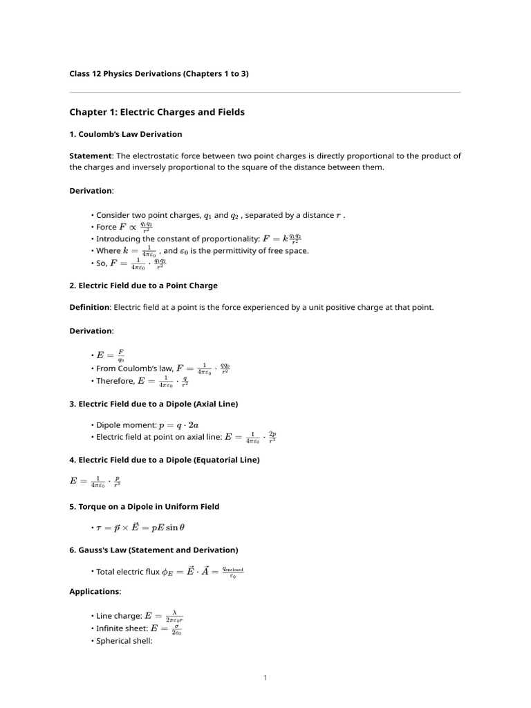 Class12 Physics Derivations | PDF | Electric Field | Dipole