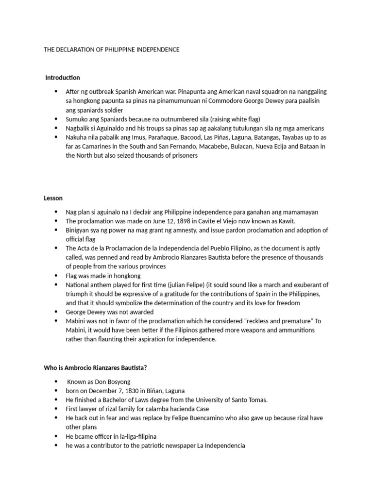 Declaration of Philippine Independence Notes | PDF | Spanish Empire ...