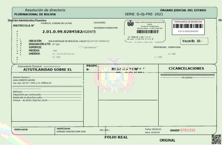 Folio Real Sobre Bien Inmueble | PDF