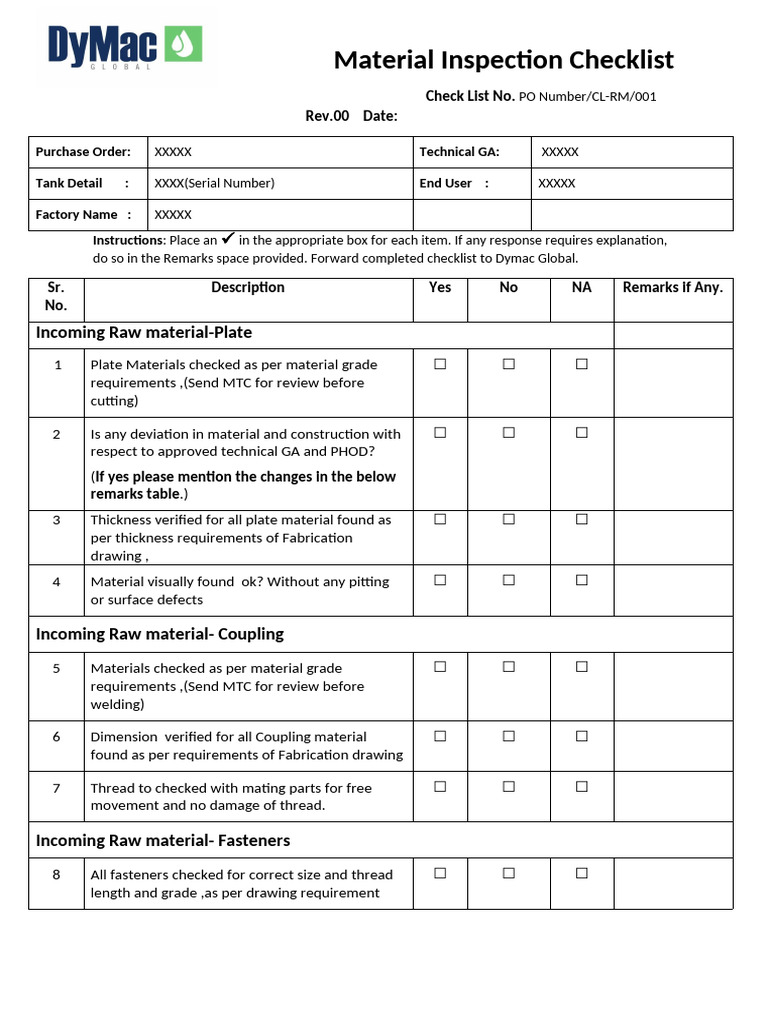 Material Inspection Checklist Template | PDF | Pipe (Fluid Conveyance ...