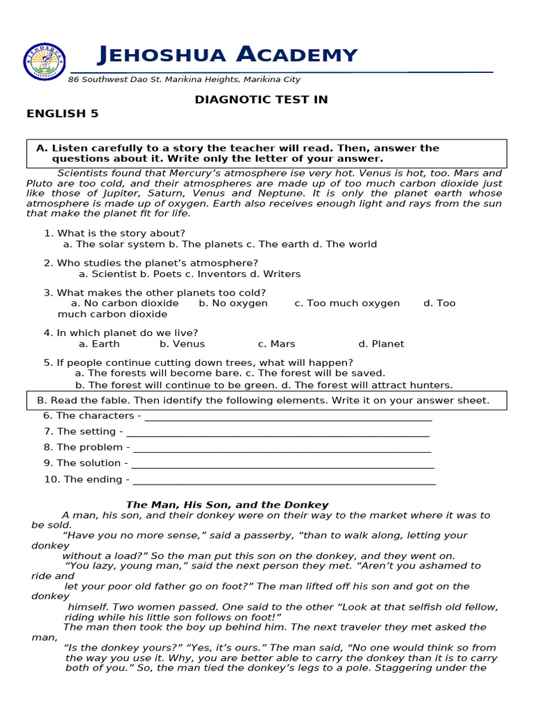 Diagnostic Test - English 5 v2 | PDF | Planets | Atmosphere