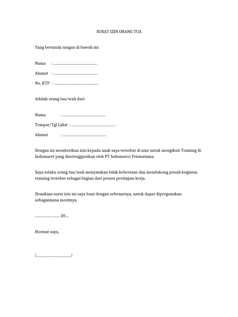 Surat Izin Orang Tua Training Indomaret | PDF