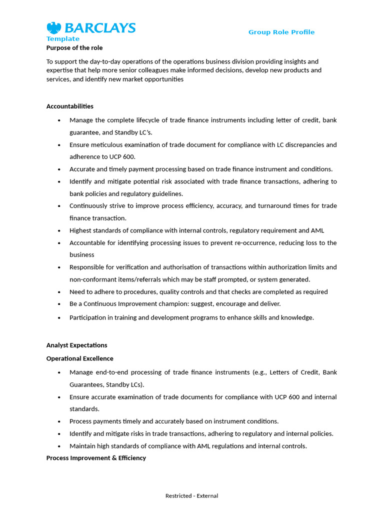 Trade Finance Operations Role Profile | PDF | Factoring (Finance ...