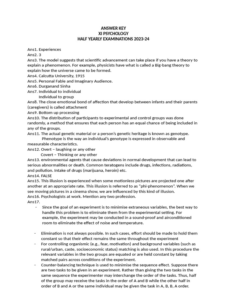 Psychology Exam Answer Key 2023-24 | PDF | Psychology | Experiment