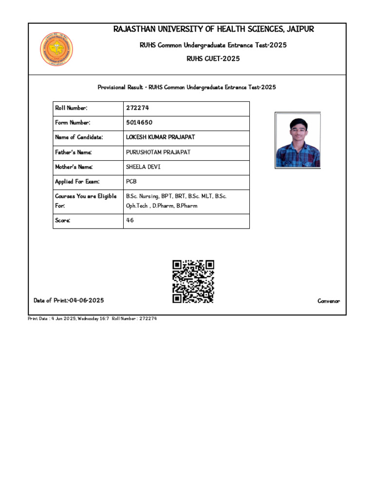 RUHS CUET-2025 Provisional Result | PDF