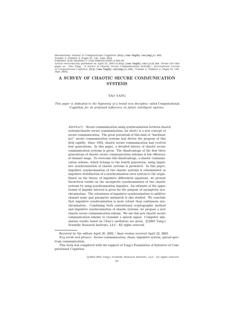 Chaotic Secure Communication Survey | PDF | Chaos Theory | Stability Theory