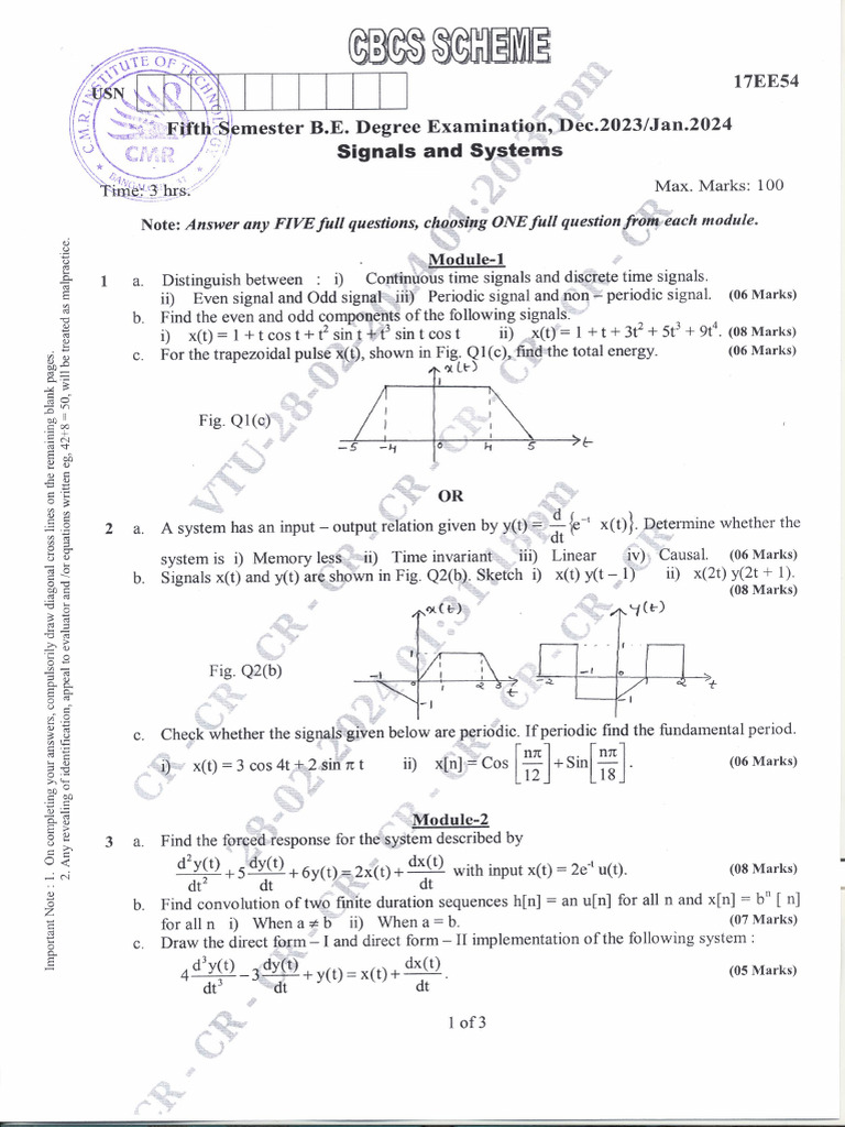 VTU Question Paper of 17EE54 Signals and Systems (Core) Jan-Fab-2024 | PDF