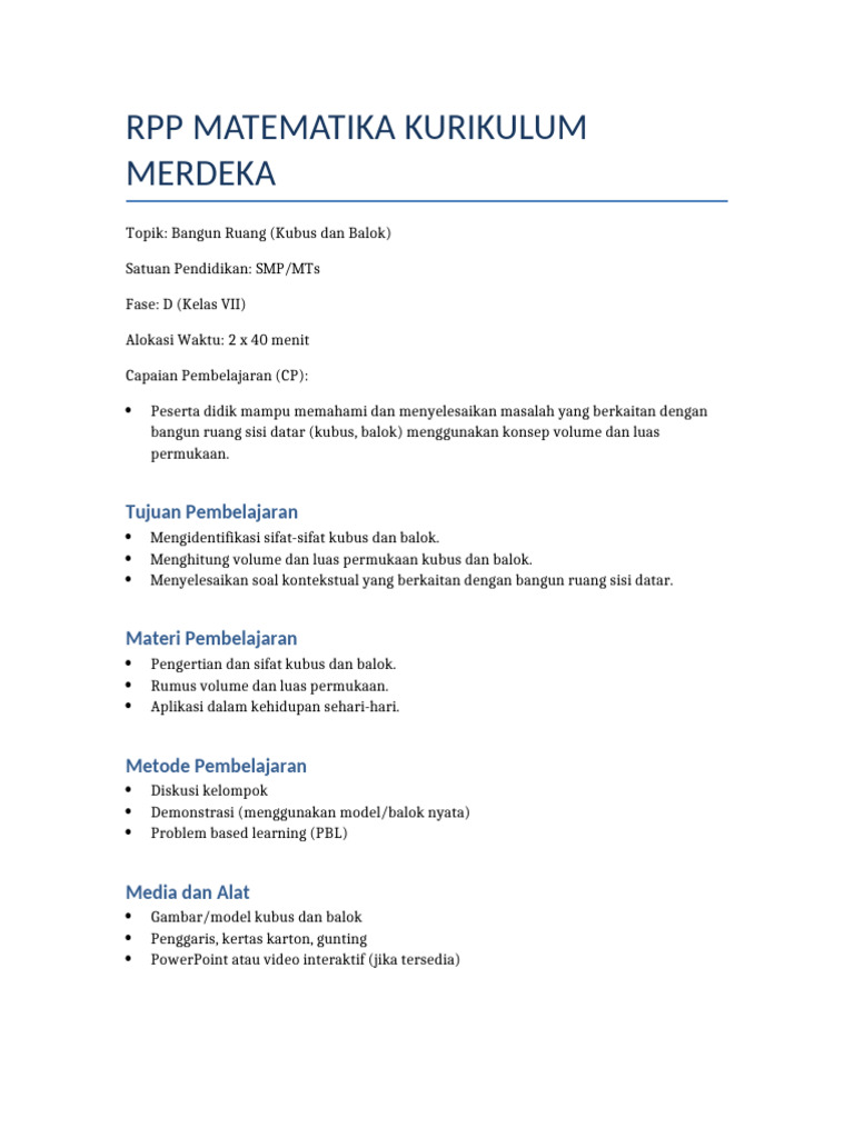 RPP Matematika Bangun Ruang Kurikulum Merdeka-1 | PDF