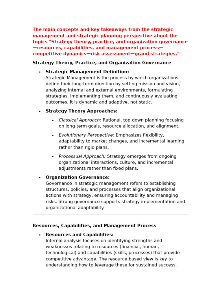 Main Concepts and Key Takeaways About Strategic Management | PDF ...