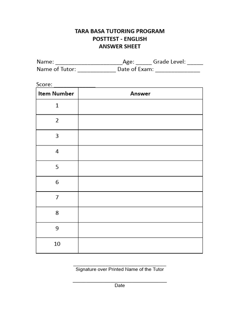 English - Post Test Answer Sheet | PDF