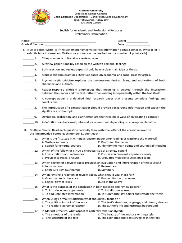 Senior High School English Exam 2024 | PDF | Methodology | Concept